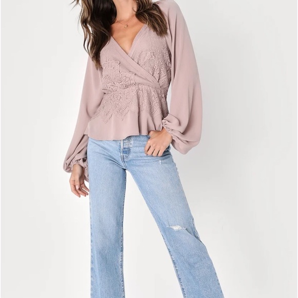 Lulus | Tops | Nwt Lulus Taupe Loving Arms Lace Long Sleeve Blouse ...